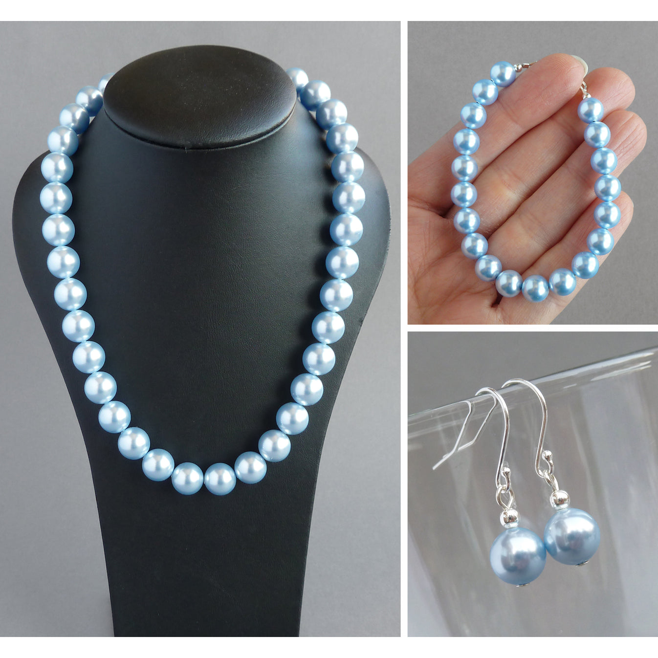 Chunky Light Blue Glass Pearl Jewellery Set - Baby Blue, Single Strand ...